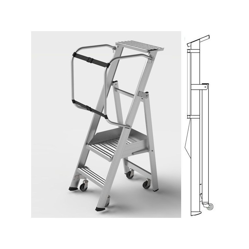 Marchepied pliant 2 marches à roulettes en aluminium pour mise en rayon